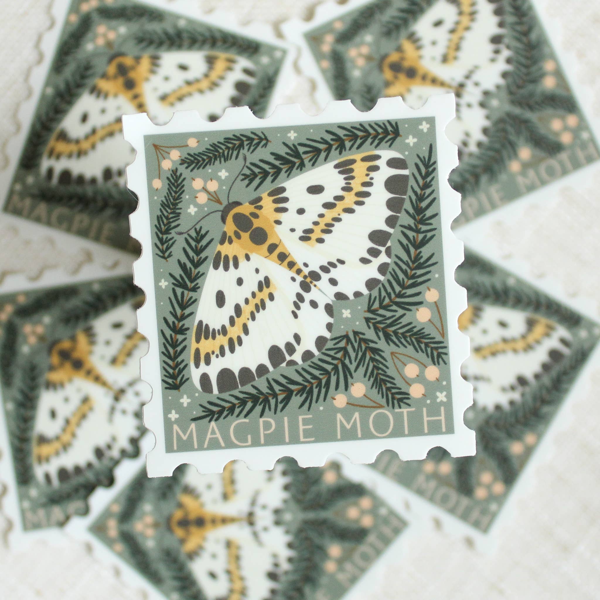 oh, little wren - Magpie moth, stamp shaped vinyl sticker | Paper Crane ...