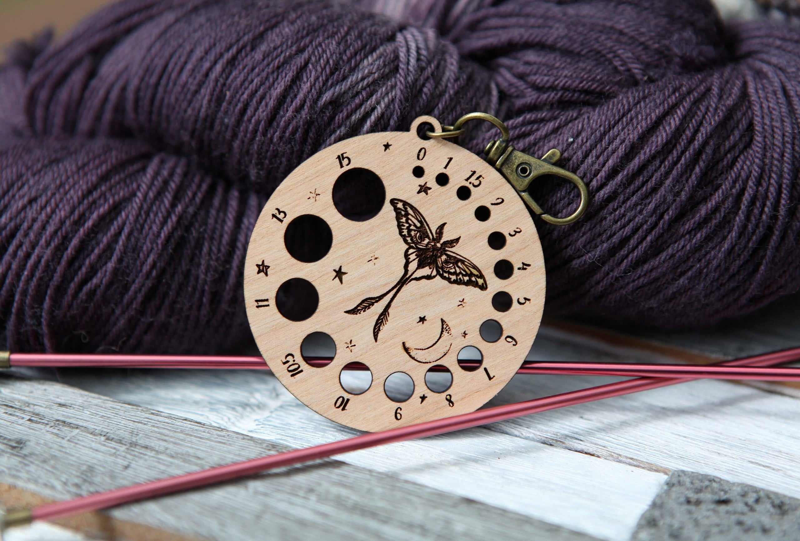 Sunrise Grove - Luna Moth Knitting Needle Gauge in Cherry & Bronze ...